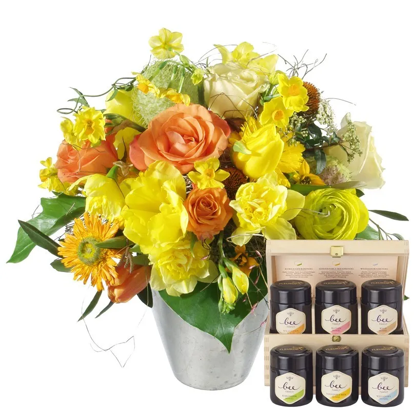 Hurray, Spring is Here with Roses with honey gift set